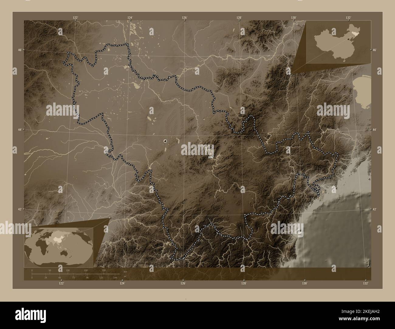 Jilin, province of China. Elevation map colored in sepia tones with ...