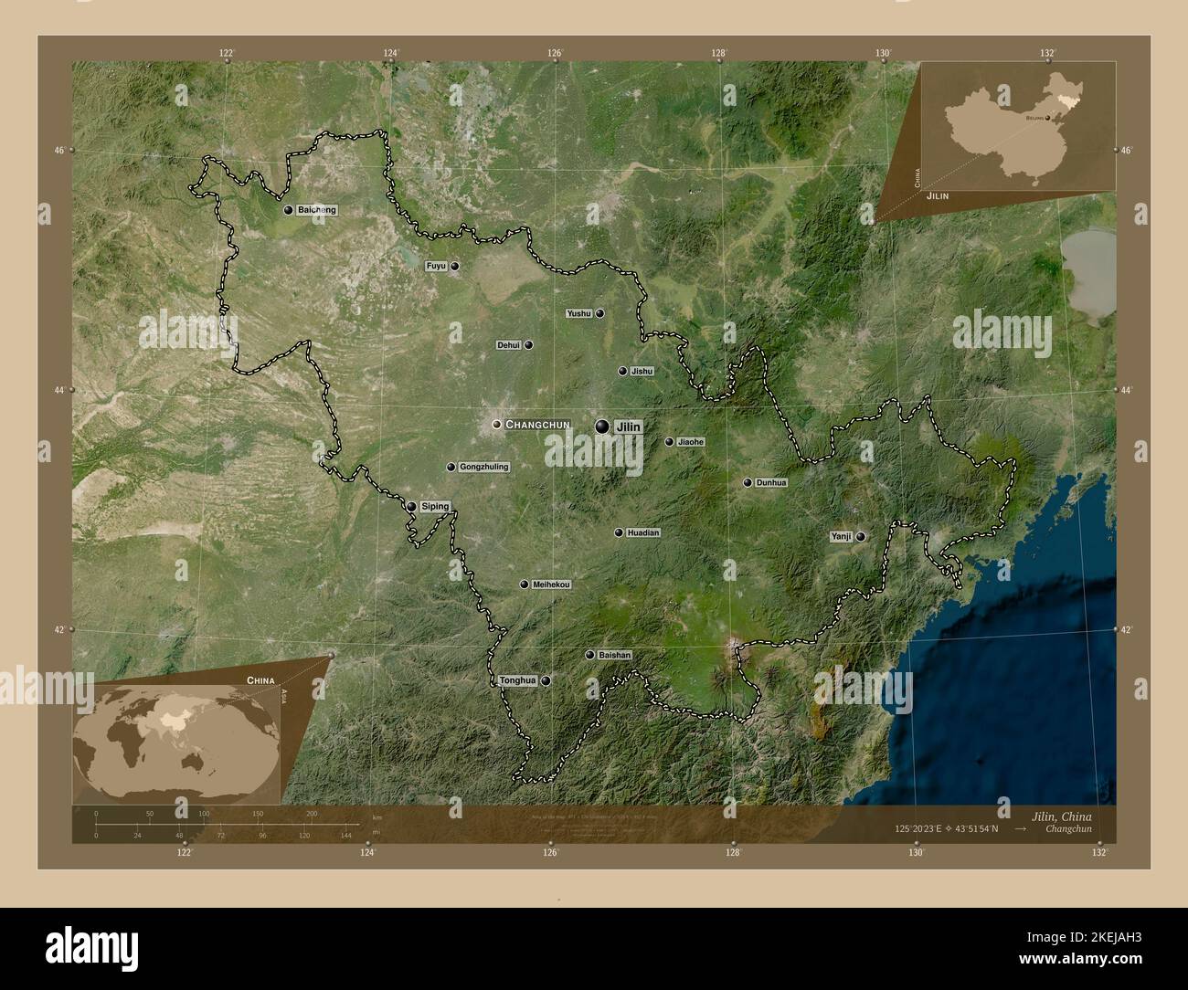 Jilin, province of China. Low resolution satellite map. Locations and ...