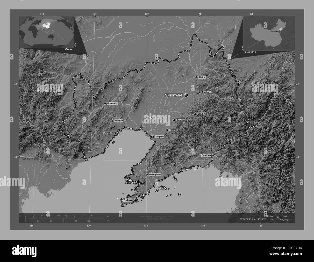 Liaoning, province of China. Bilevel elevation map with lakes and ...