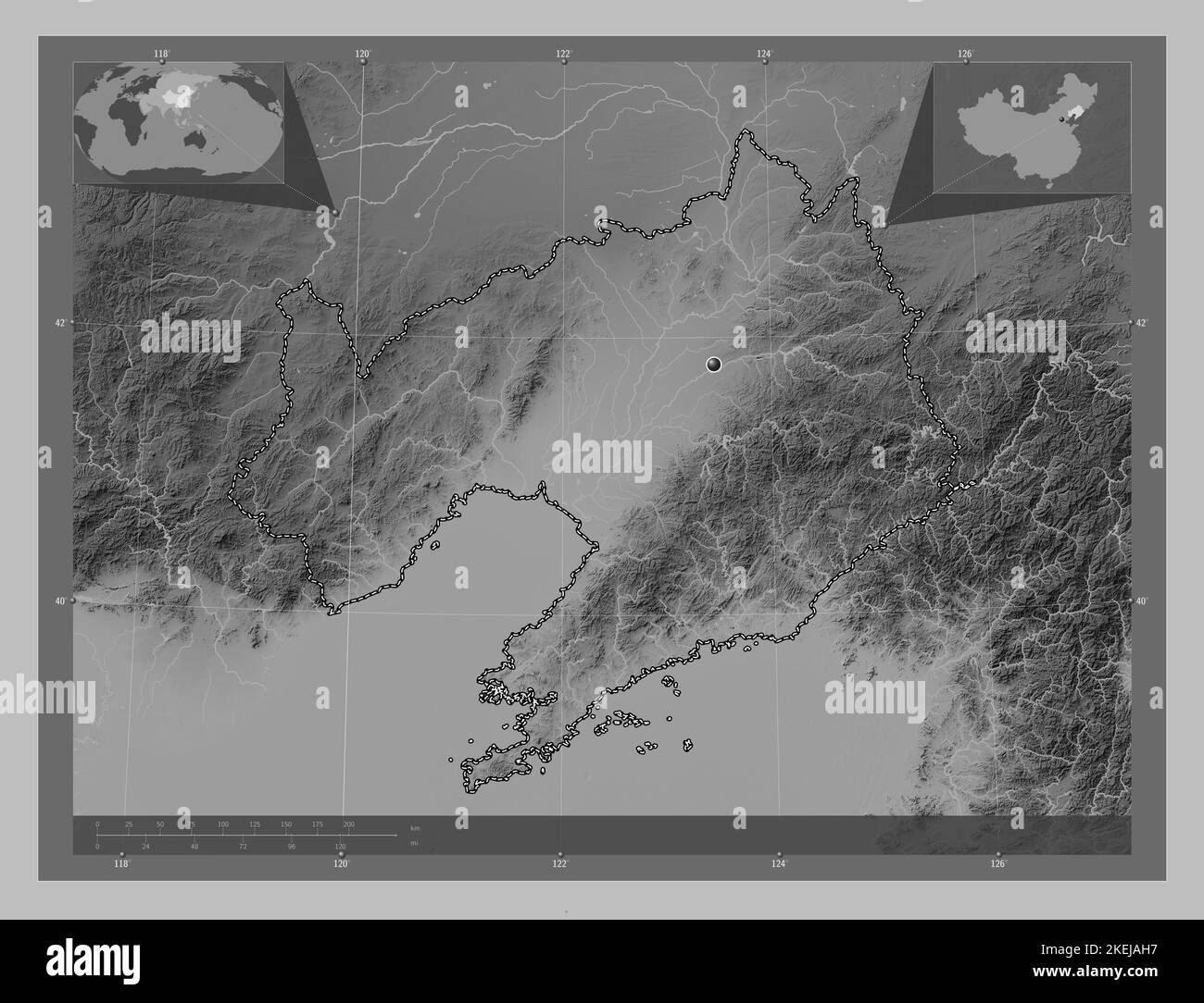 Liaoning, province of China. Grayscale elevation map with lakes and ... Liaoning, province of China. Grayscale elevation map with lakes and ...