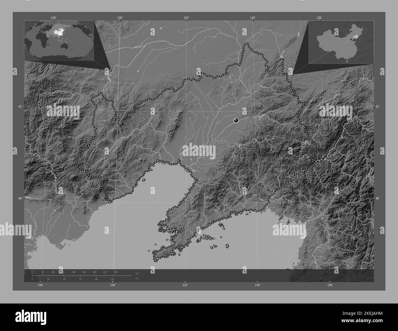 Liaoning, province of China. Bilevel elevation map with lakes and ...