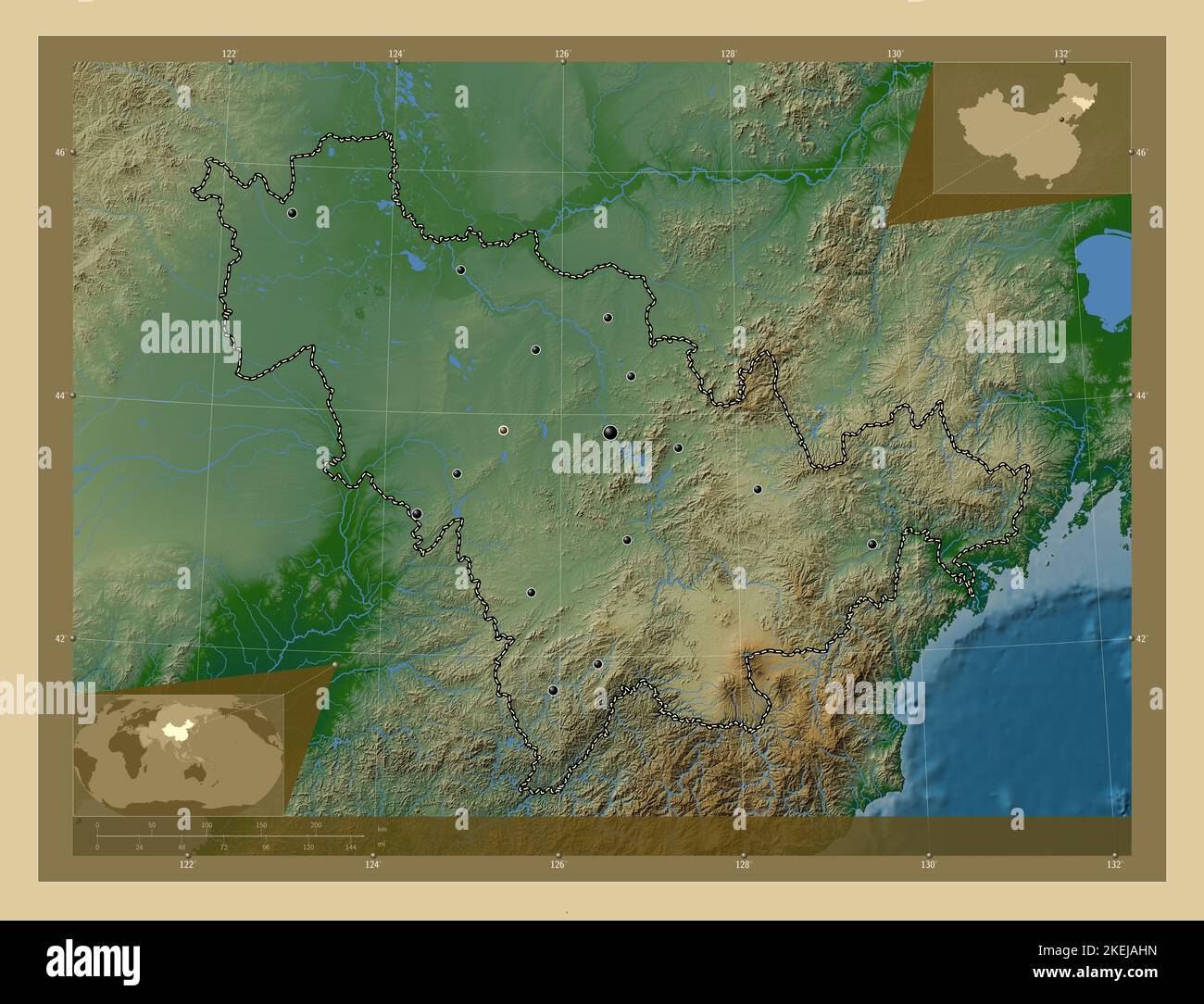 Jilin, province of China. Colored elevation map with lakes and rivers ...