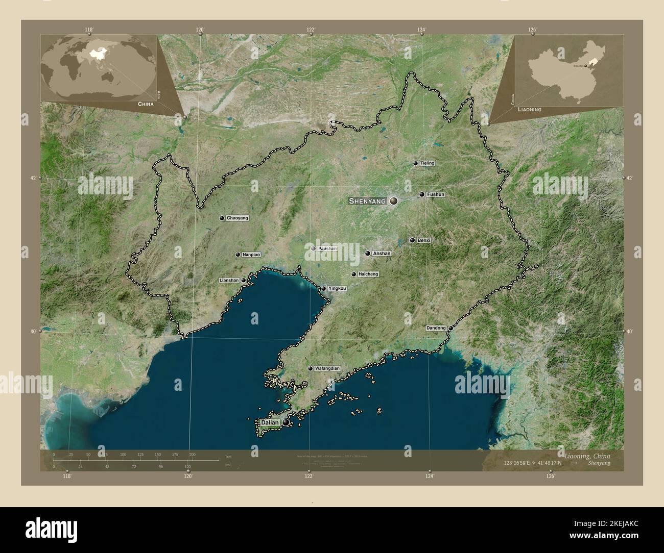 Liaoning, province of China. High resolution satellite map. Locations ...