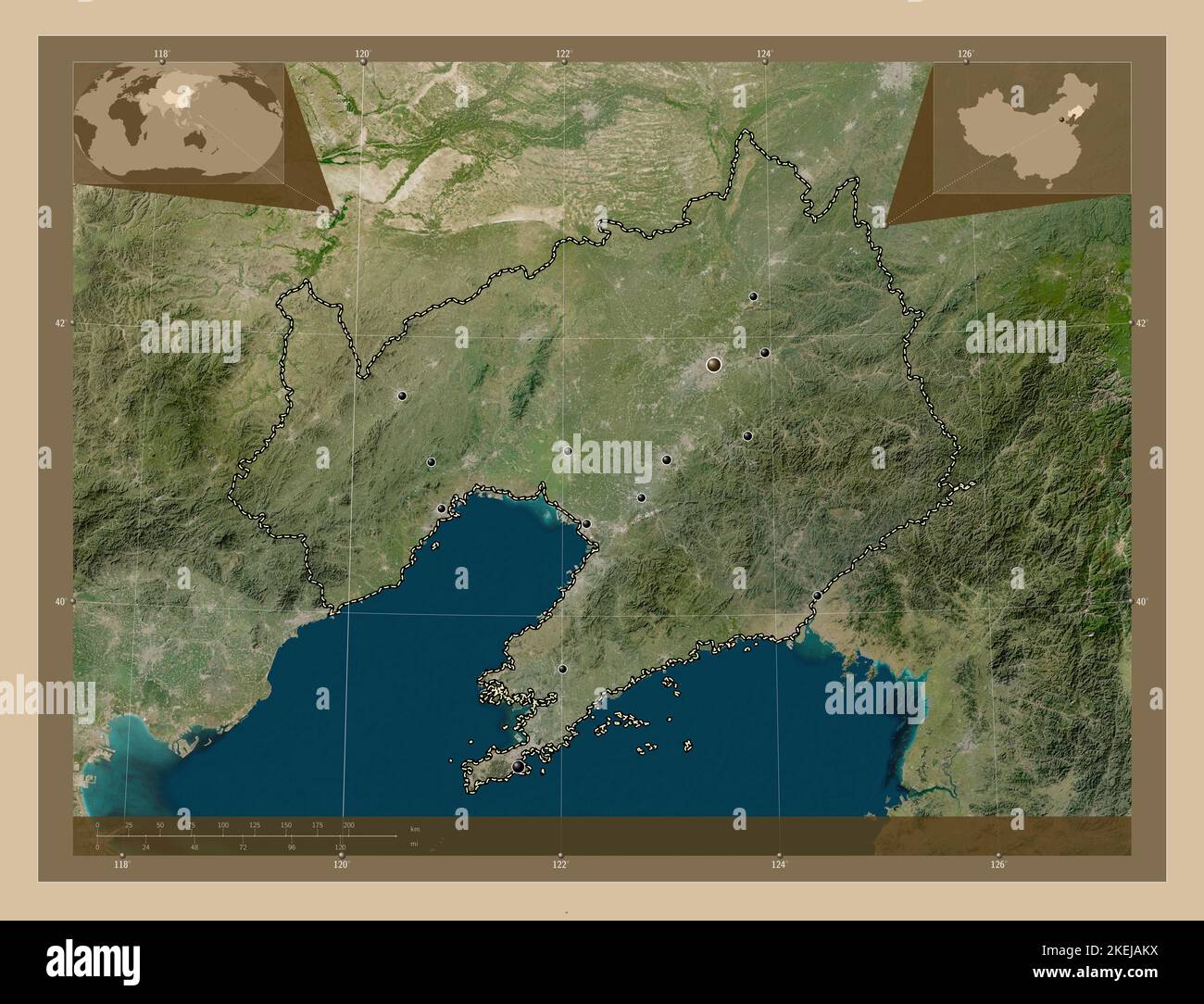 Liaoning, province of China. Low resolution satellite map. Locations of ...