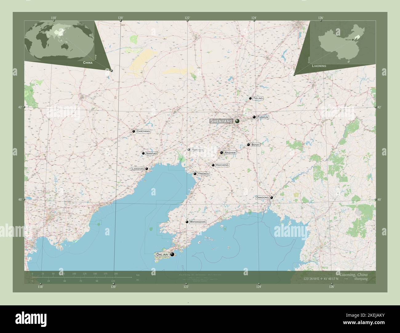 Liaoning, province of China. Open Street Map. Locations and names of ...