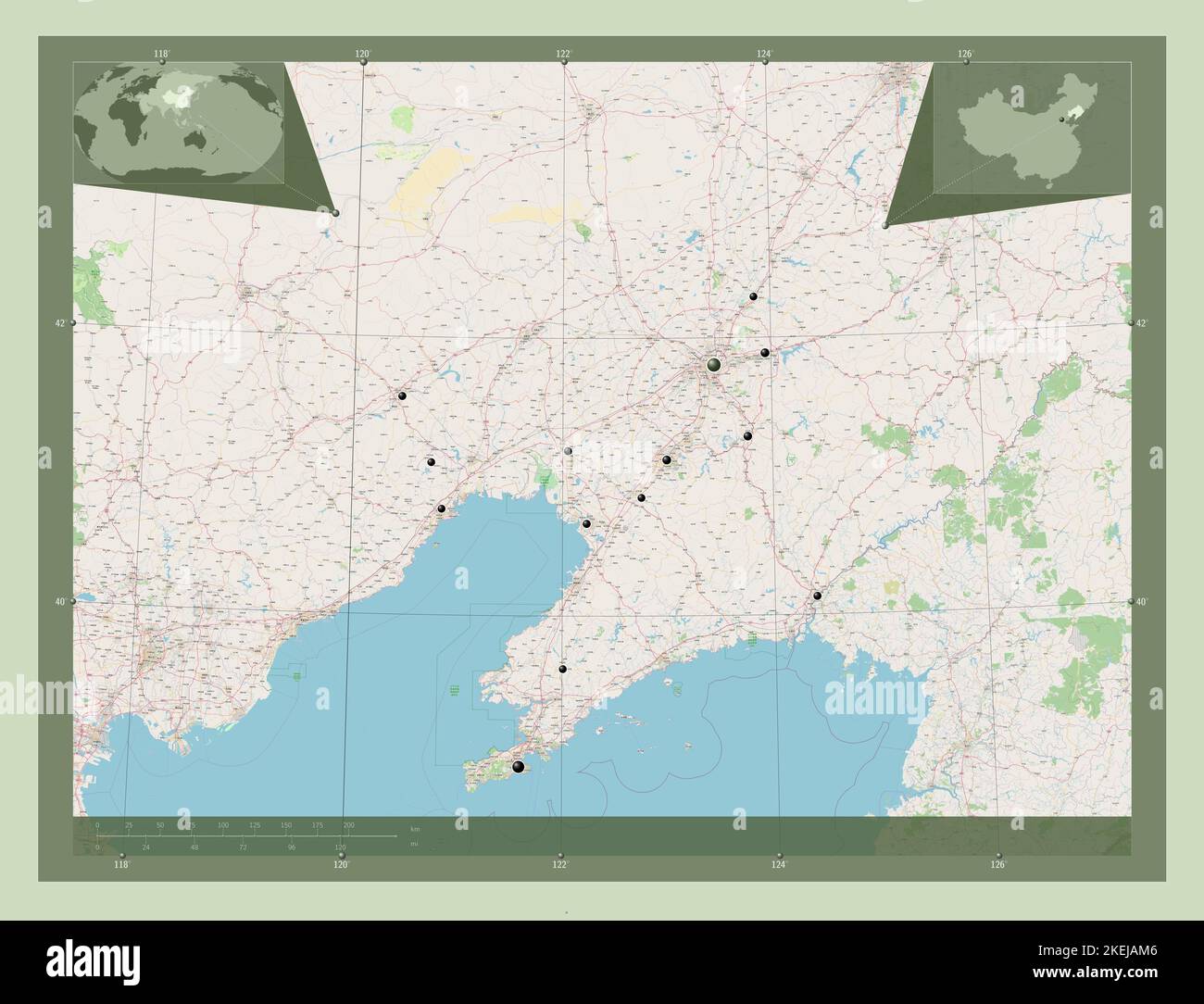 Liaoning, province of China. Open Street Map. Locations of major cities ...