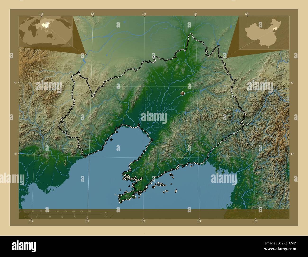 Liaoning, province of China. Colored elevation map with lakes and ...