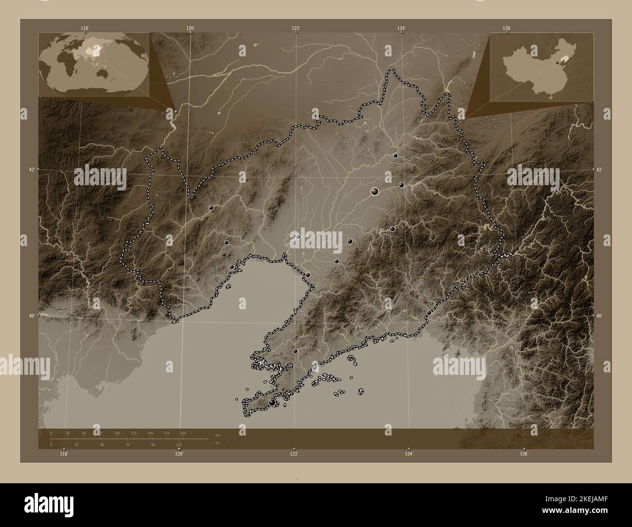 Liaoning, province of China. Elevation map colored in sepia tones with ...