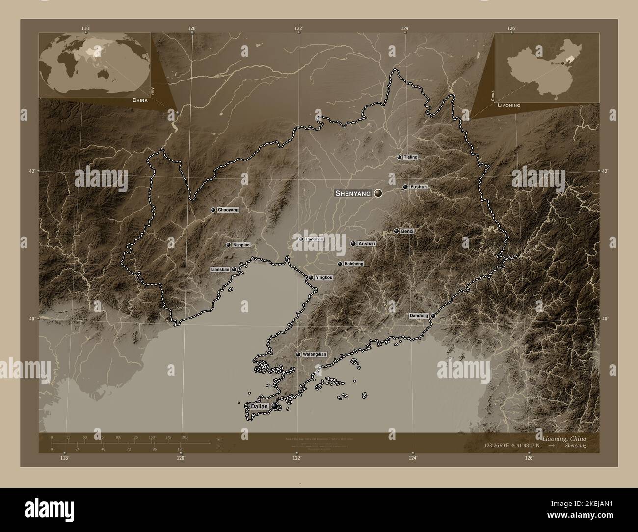 Liaoning, province of China. Elevation map colored in sepia tones with ...