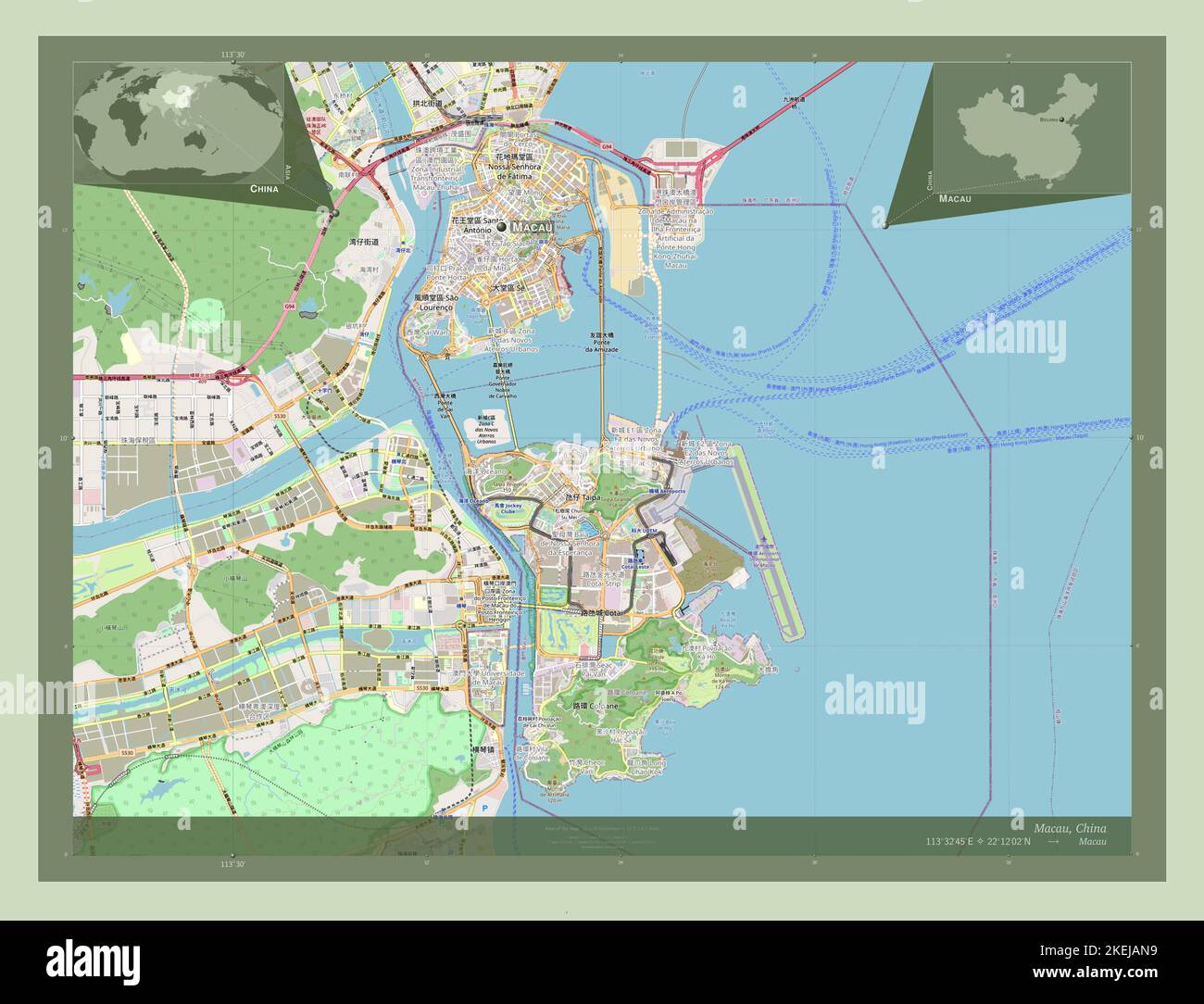 Macau, autonomous region of China. Open Street Map. Locations and names ...