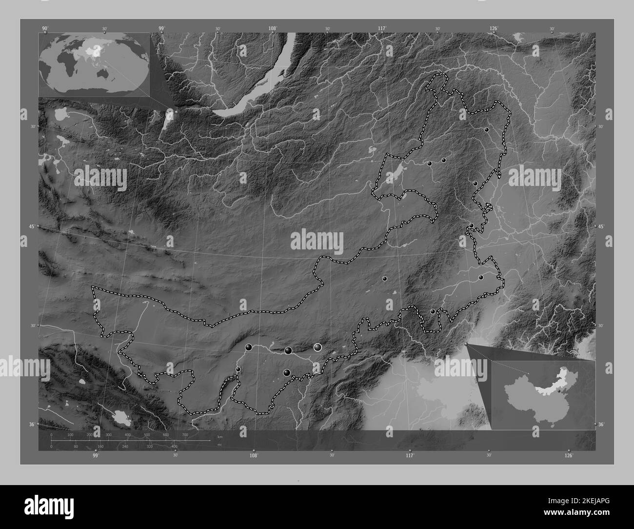 Nei Mongol, autonomous region of China. Grayscale elevation map with ...