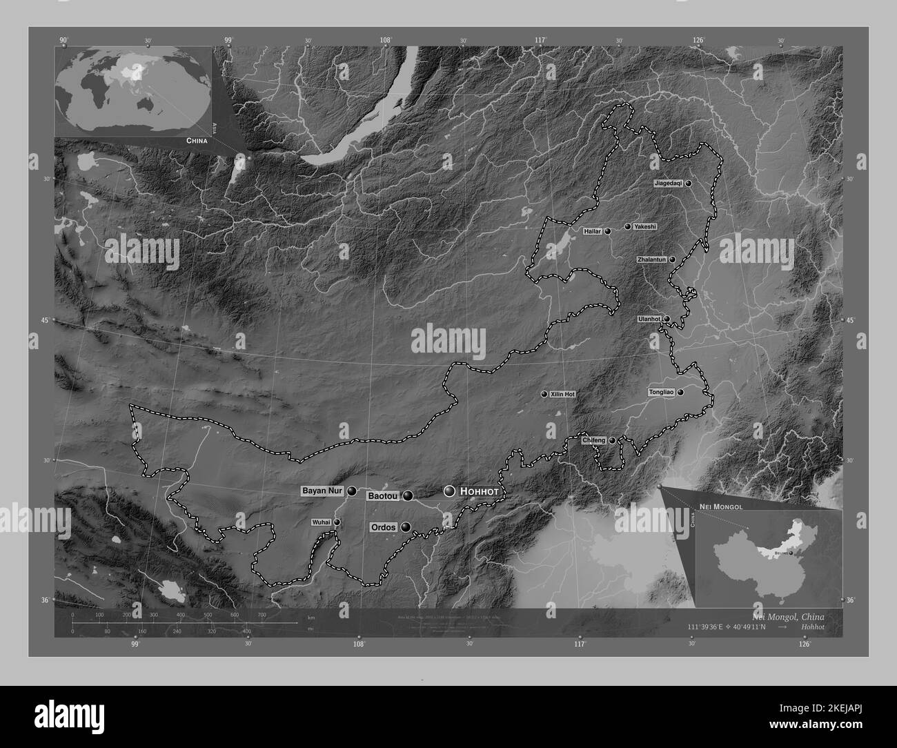 Nei Mongol, autonomous region of China. Grayscale elevation map with ...