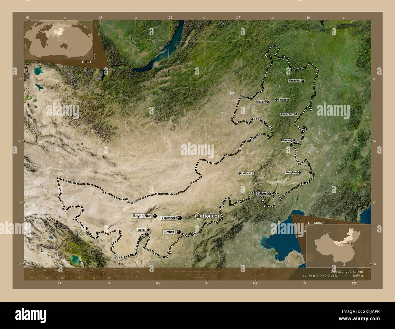Nei Mongol, autonomous region of China. Low resolution satellite map ...