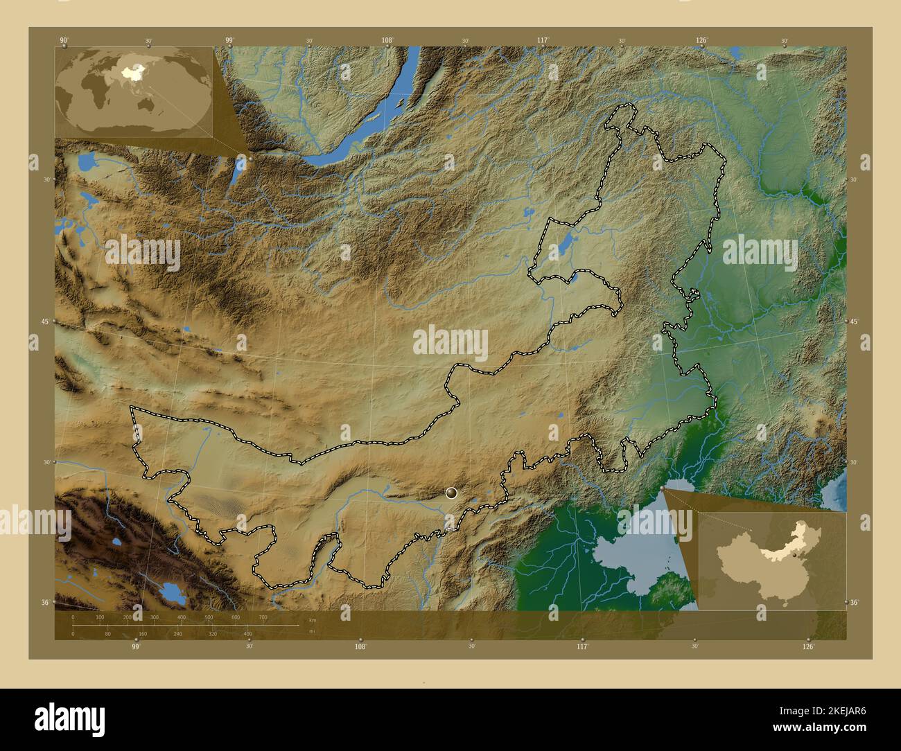 Nei Mongol, autonomous region of China. Colored elevation map with ...