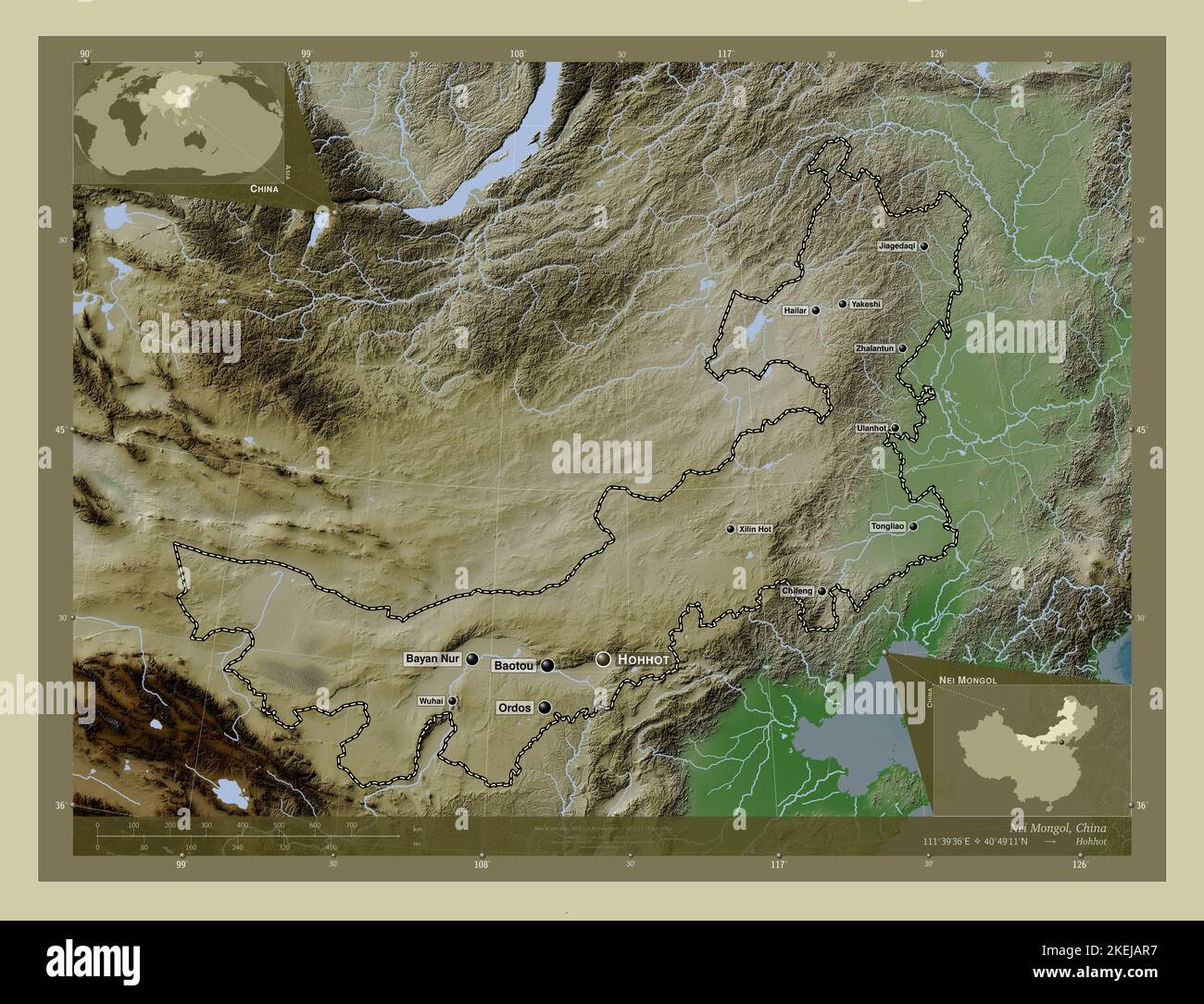 Nei Mongol, autonomous region of China. Elevation map colored in wiki ...