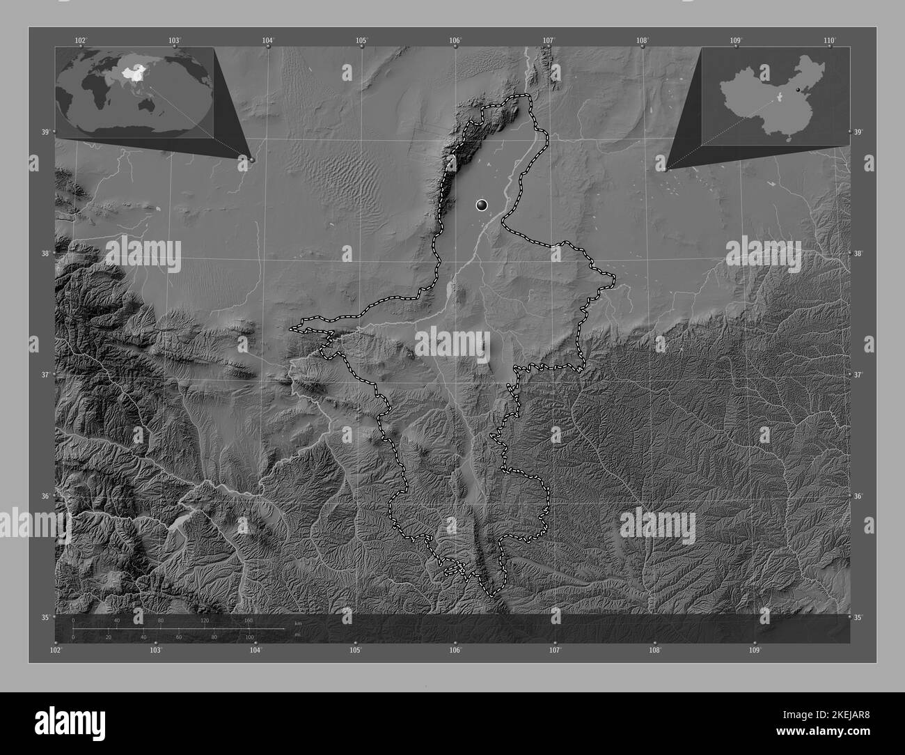 Ningxia Hui, autonomous region of China. Bilevel elevation map with ...