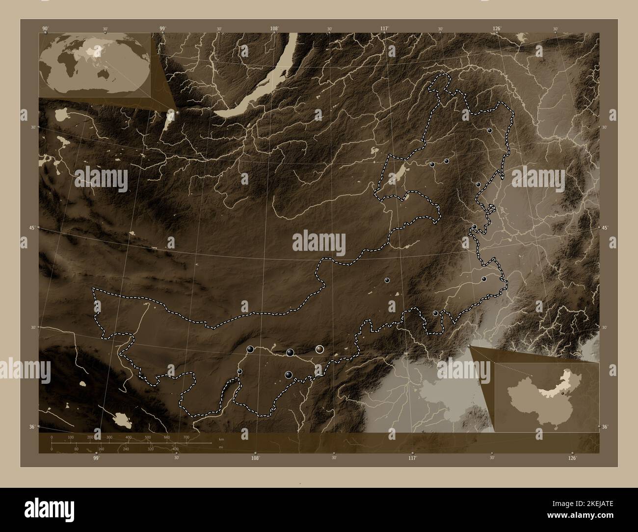 Nei Mongol, autonomous region of China. Elevation map colored in sepia ...