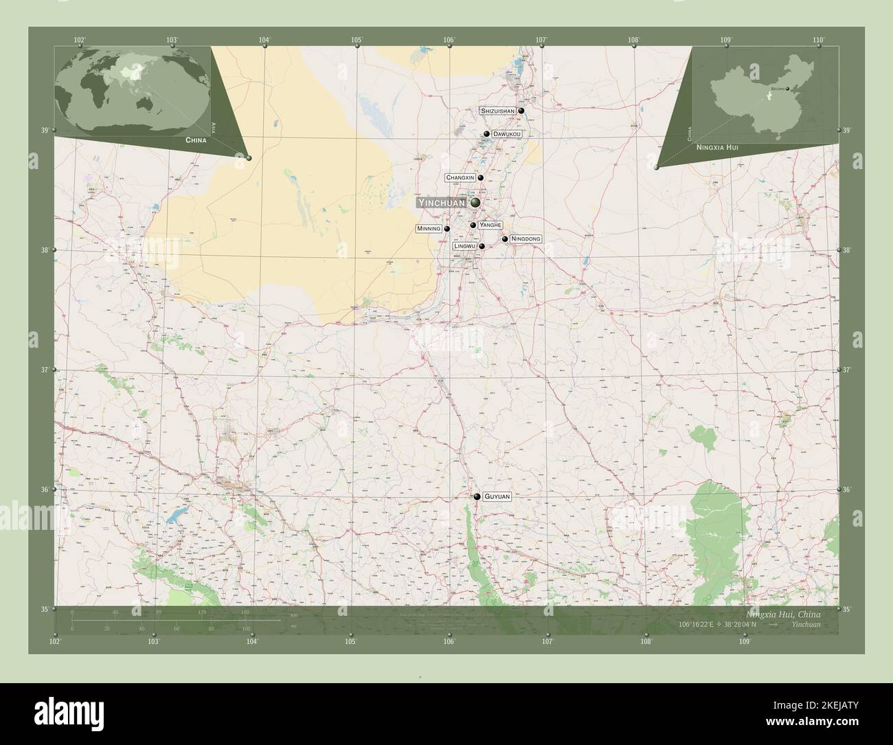 Ningxia Hui, autonomous region of China. Open Street Map. Locations and ...