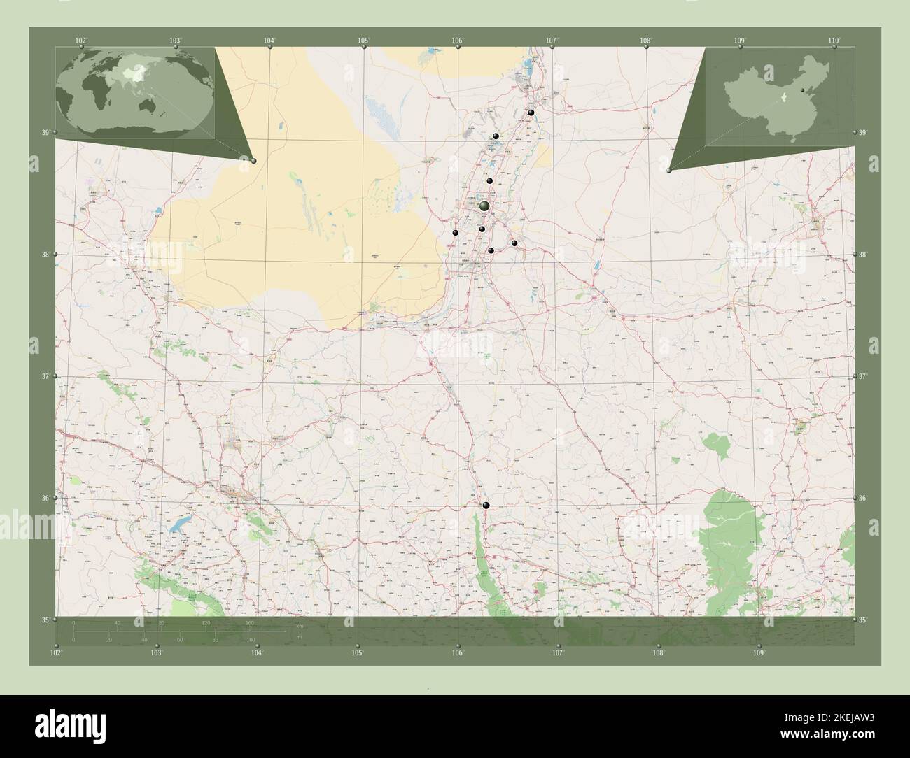 Ningxia Hui, autonomous region of China. Open Street Map. Locations of ...