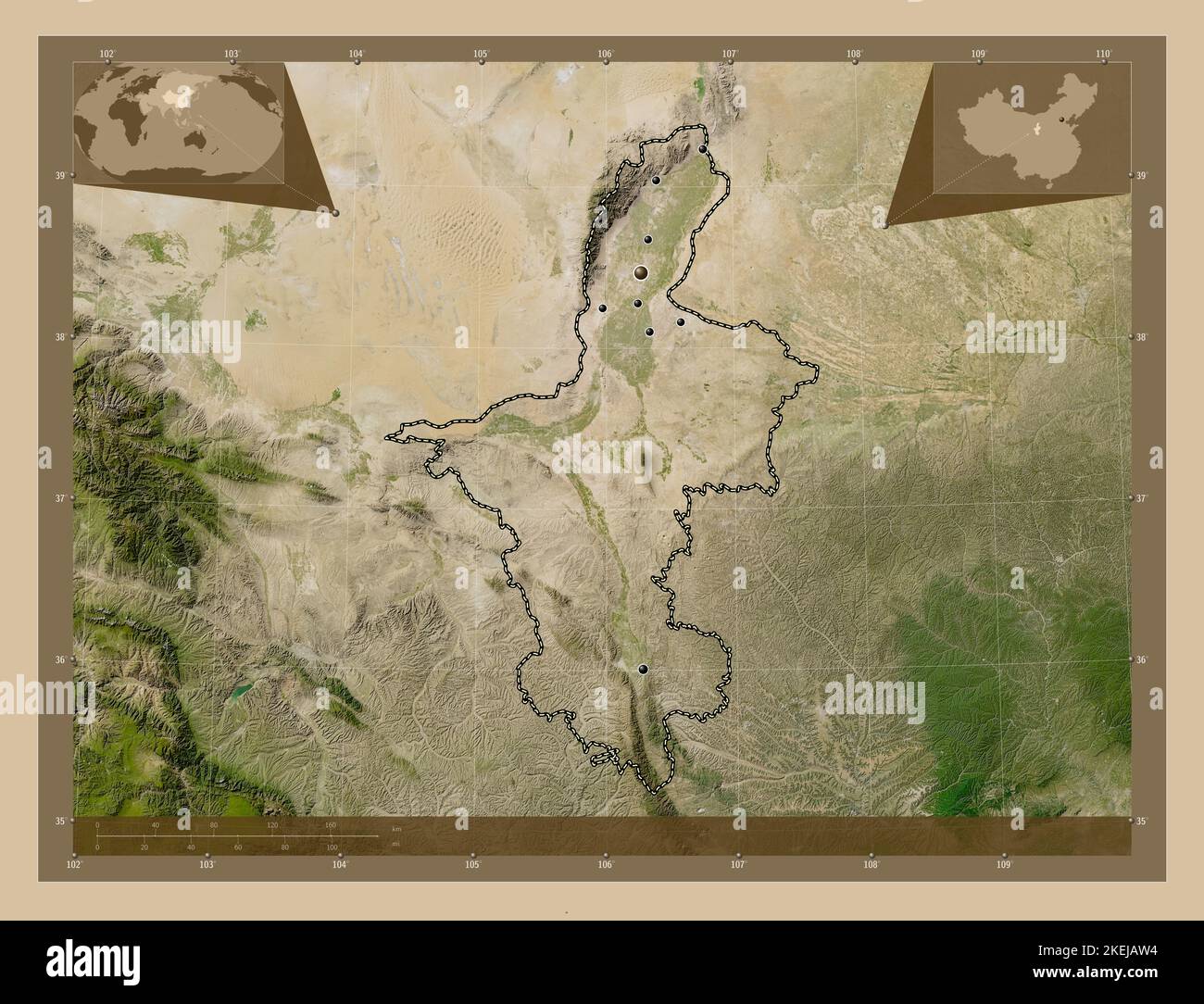 Ningxia Hui, autonomous region of China. Low resolution satellite map ...