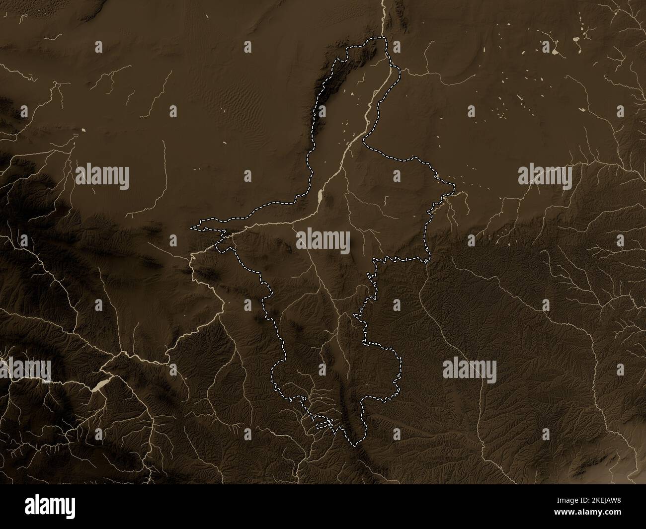 Ningxia Hui, autonomous region of China. Elevation map colored in sepia ...