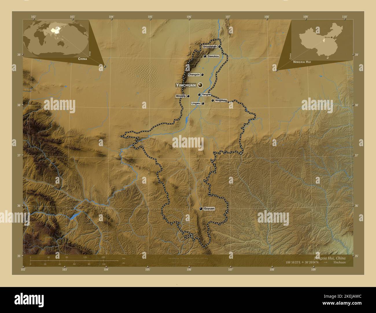 Ningxia Hui, autonomous region of China. Colored elevation map with ...