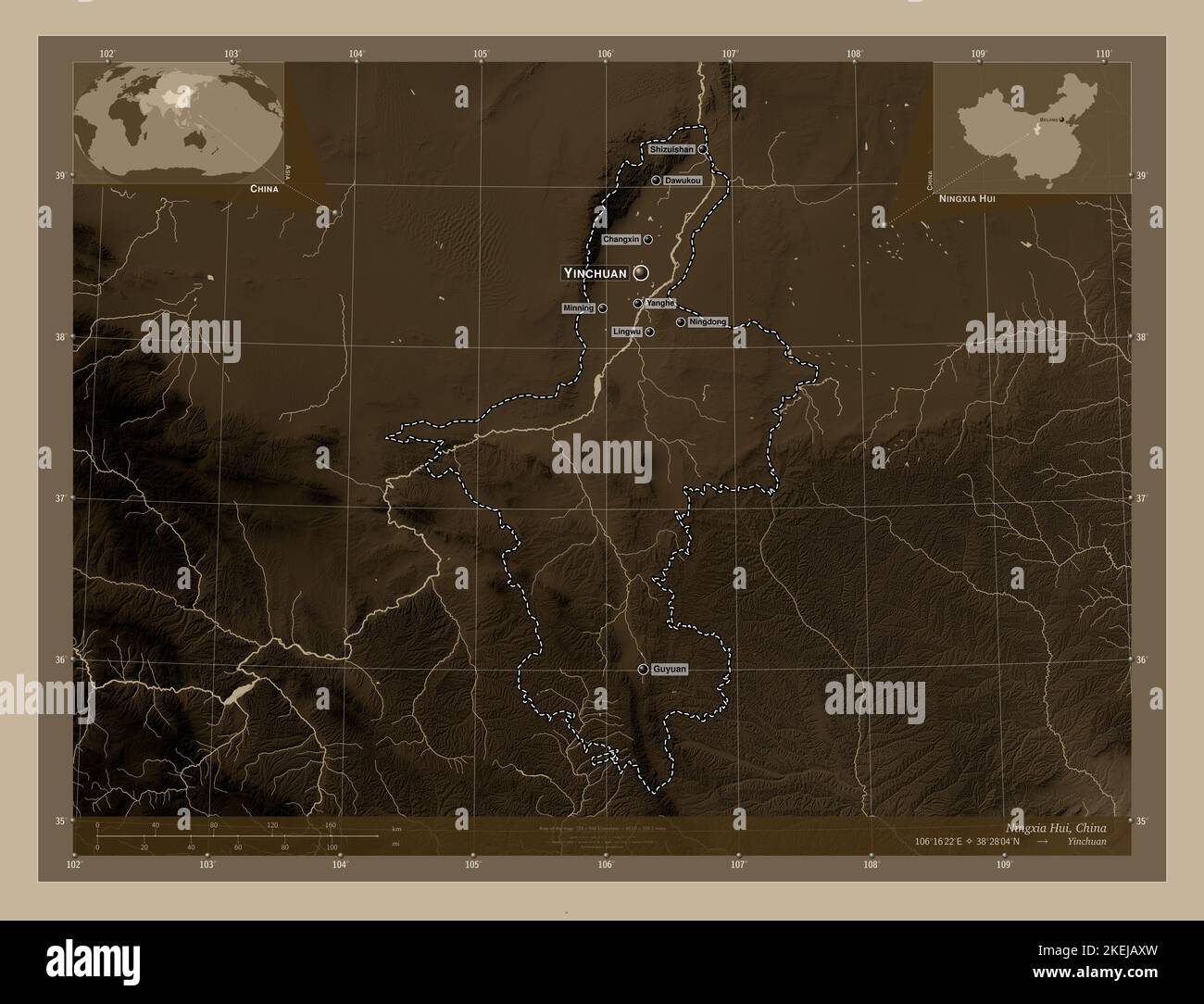 Ningxia Hui, autonomous region of China. Elevation map colored in sepia ...
