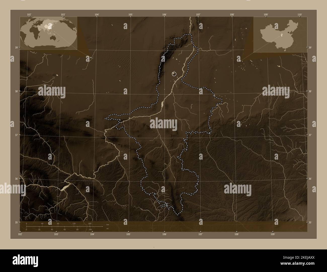 Ningxia Hui, autonomous region of China. Elevation map colored in sepia ...