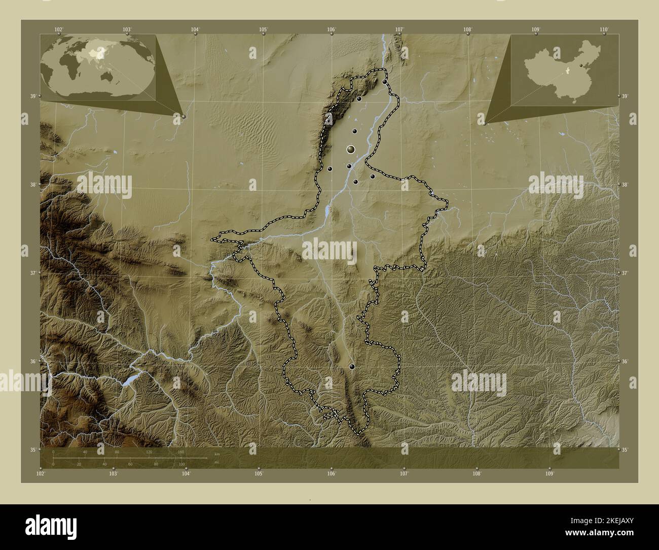 Ningxia Hui, autonomous region of China. Elevation map colored in wiki ...