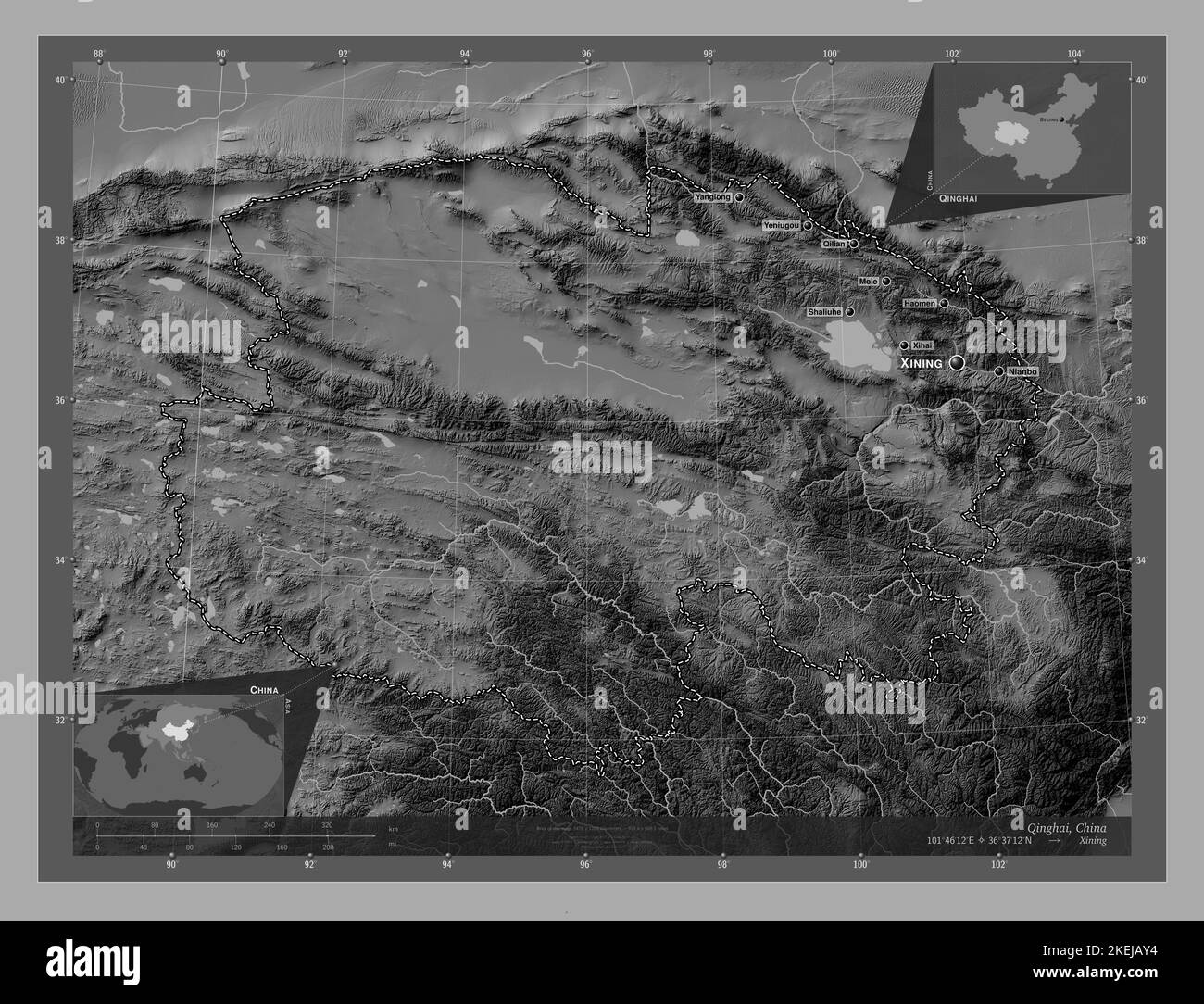 Qinghai, province of China. Bilevel elevation map with lakes and rivers ...