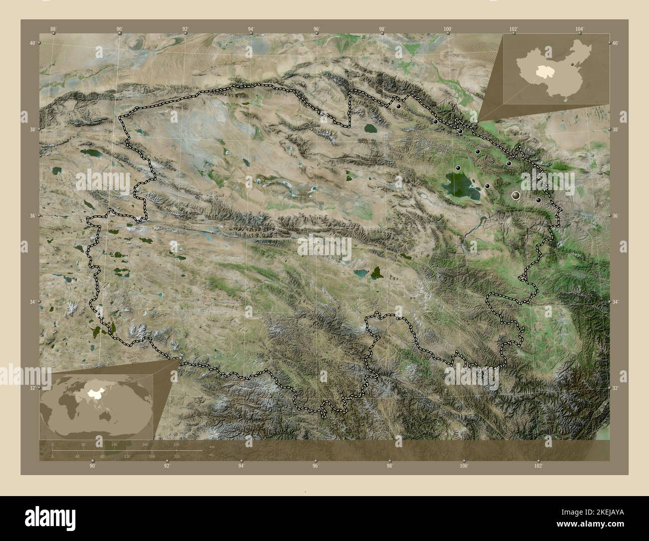Qinghai, province of China. High resolution satellite map. Locations of ...