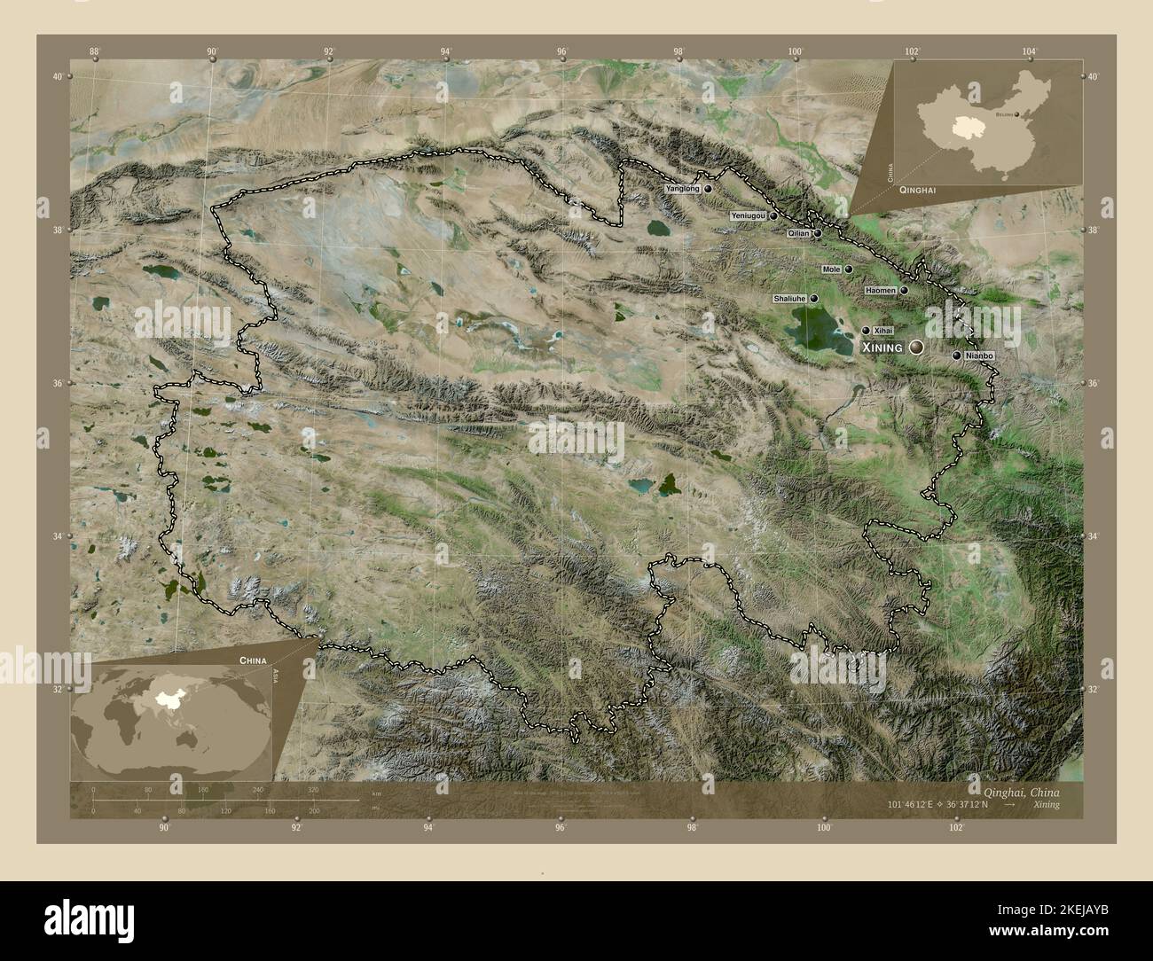 Qinghai, province of China. High resolution satellite map. Locations ...