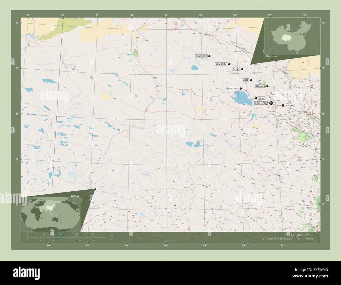 Qinghai, province of China. Open Street Map. Locations and names of ...