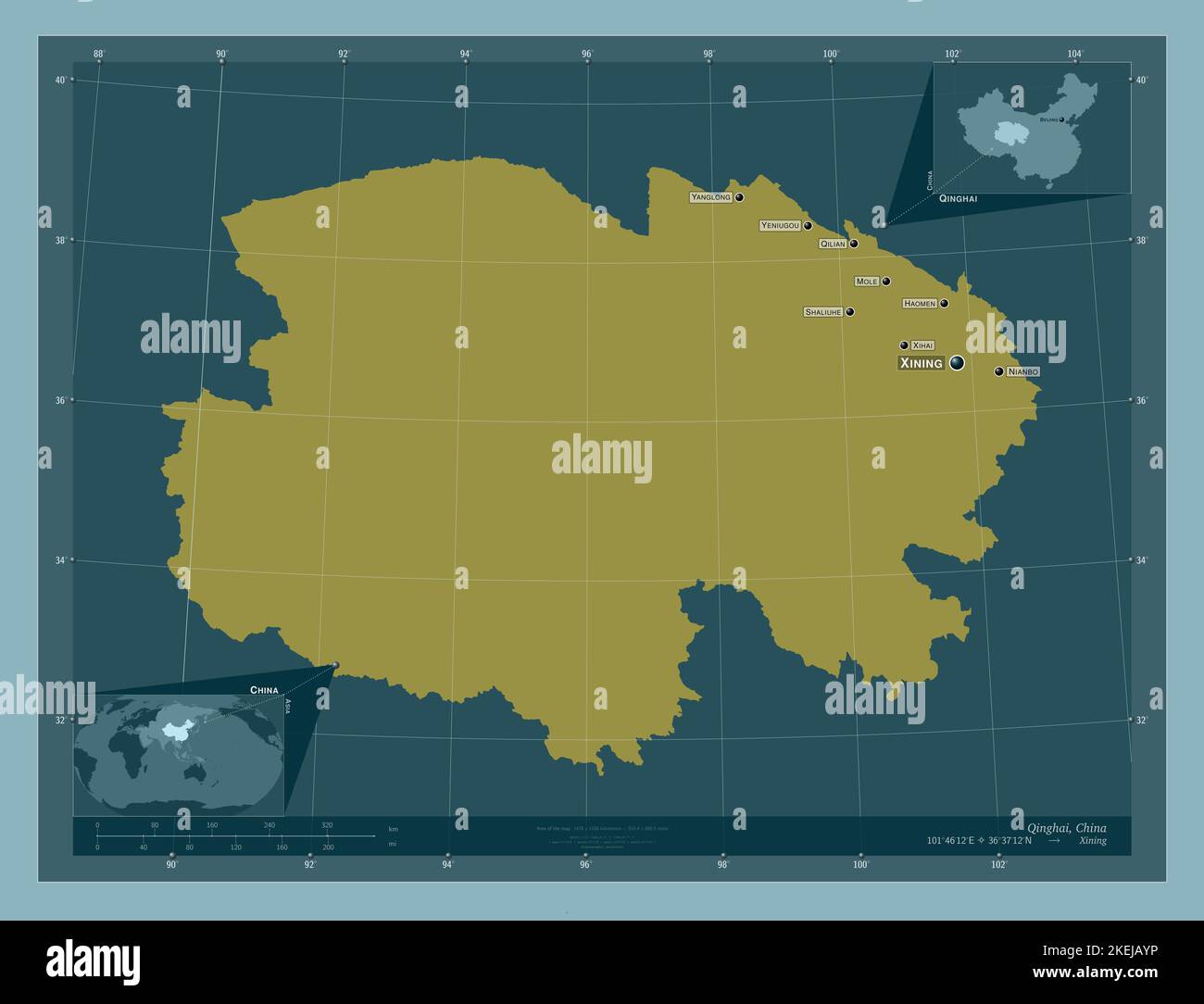 Qinghai, province of China. Solid color shape. Locations and names of ...