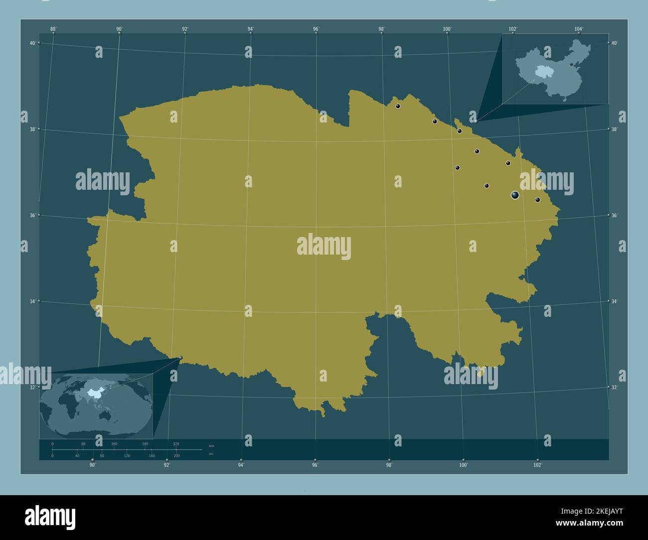 Qinghai, province of China. Solid color shape. Locations of major ...