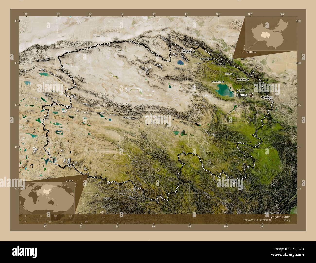 Qinghai, province of China. Low resolution satellite map. Locations and ...