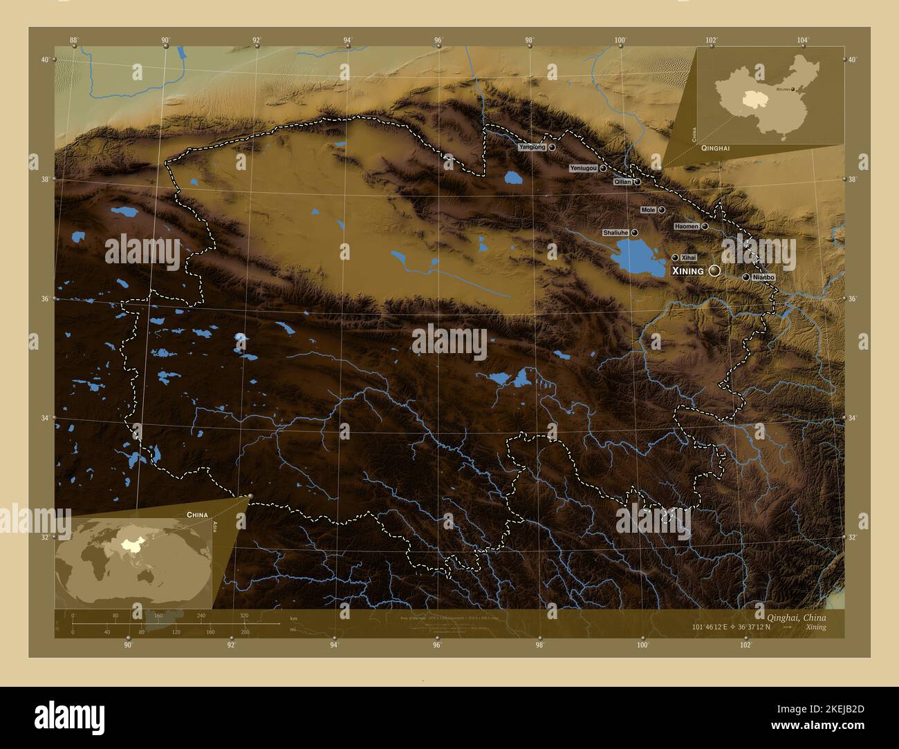 Qinghai, province of China. Colored elevation map with lakes and rivers ...
