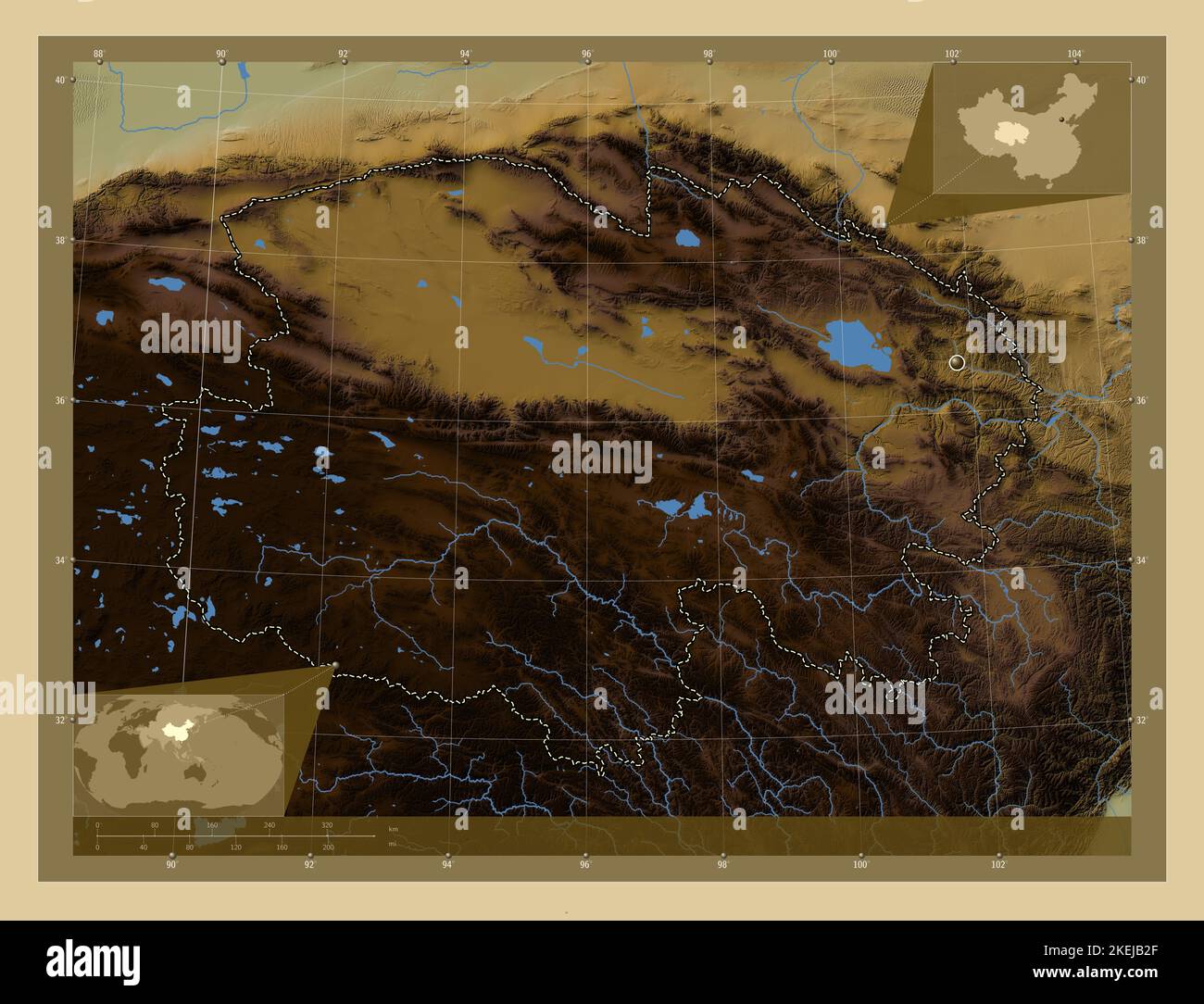 Qinghai, province of China. Colored elevation map with lakes and rivers ...