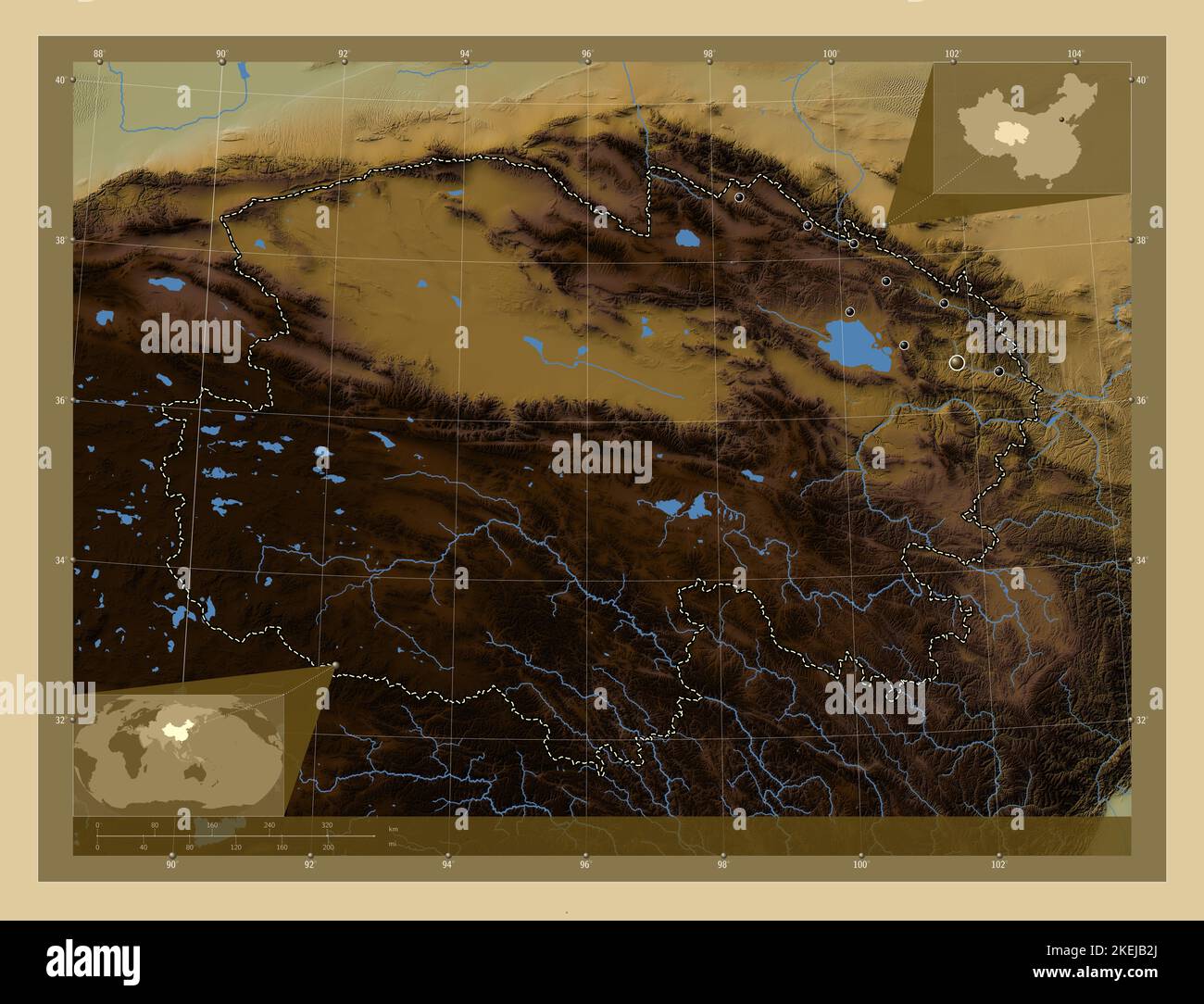 Qinghai, province of China. Colored elevation map with lakes and rivers ...