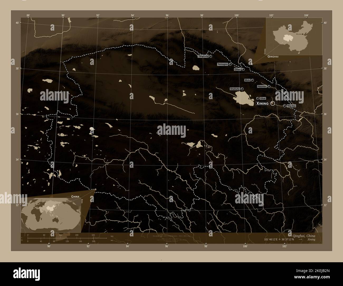 Qinghai, province of China. Elevation map colored in sepia tones with ...