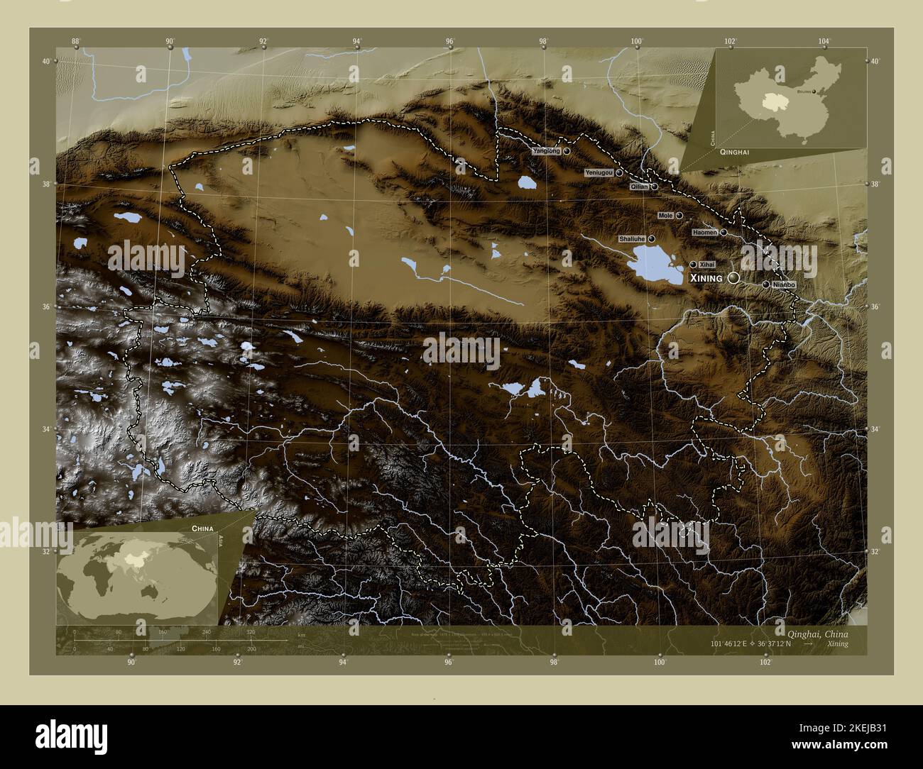 Qinghai, province of China. Elevation map colored in wiki style with ...