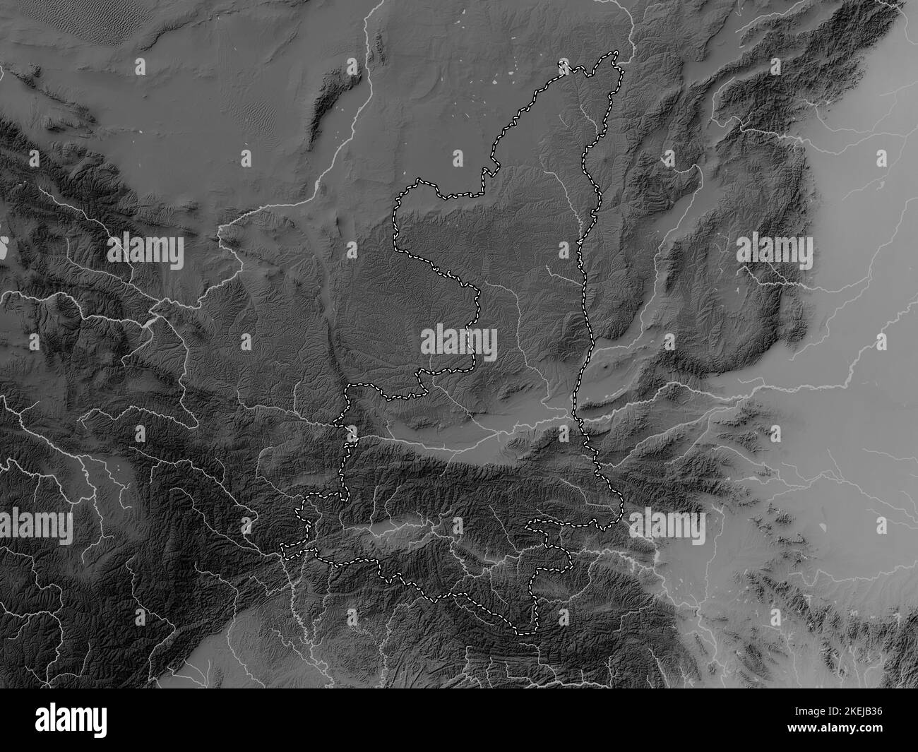 Shaanxi, province of China. Grayscale elevation map with lakes and ...