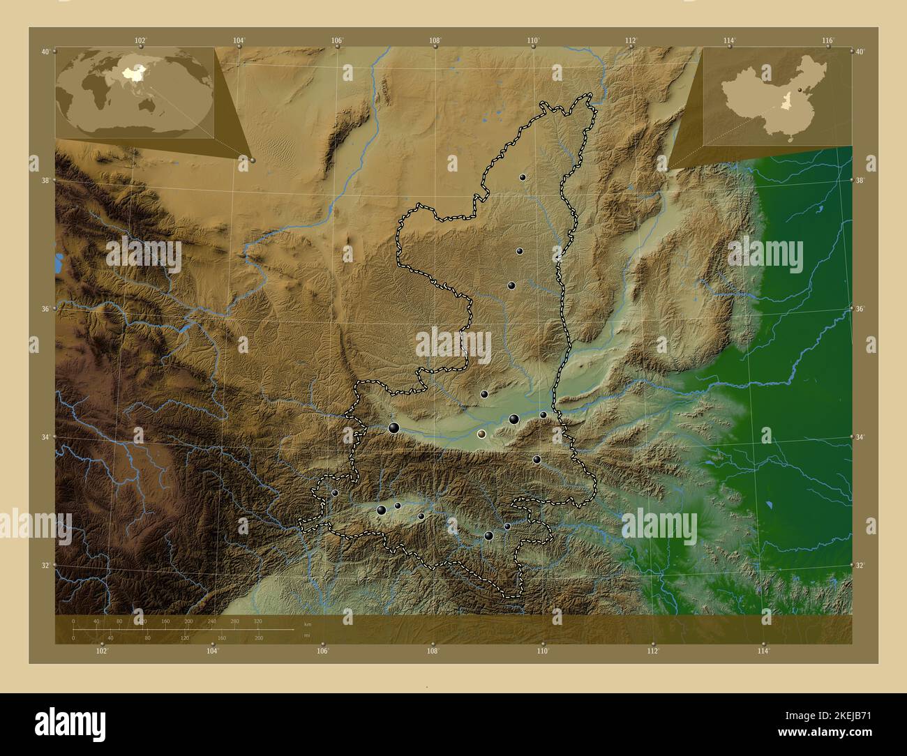 Shaanxi, province of China. Colored elevation map with lakes and rivers ...