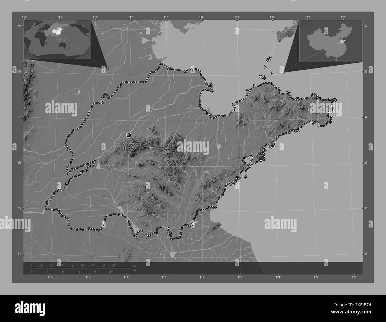 Shandong, province of China. Bilevel elevation map with lakes and rivers. Corner auxiliary ...
