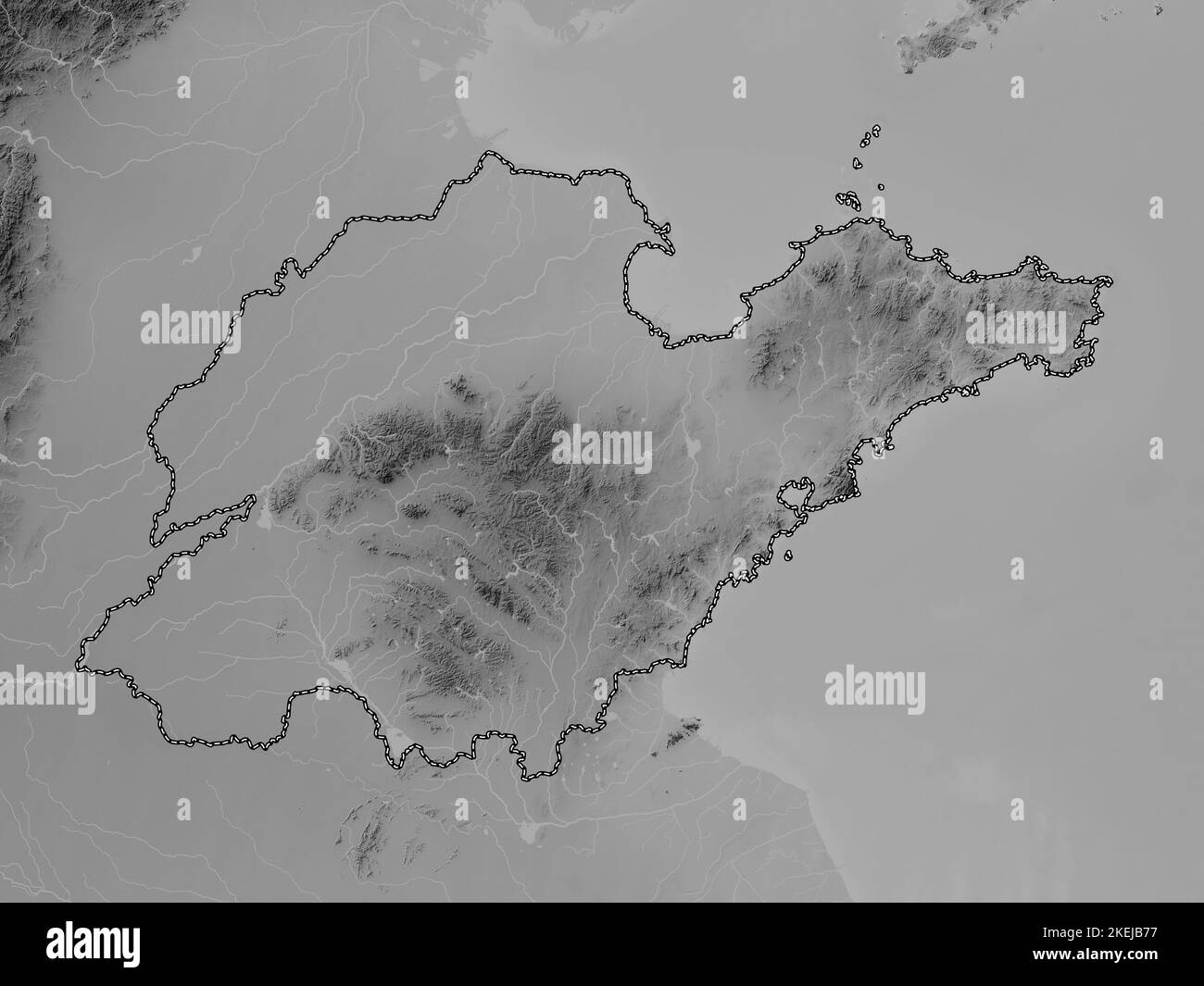 Shandong, province of China. Grayscale elevation map with lakes and ... Shandong, province of China. Grayscale elevation map with lakes and ...