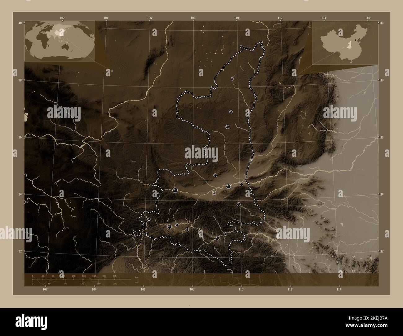 Shaanxi, province of China. Elevation map colored in sepia tones with ...