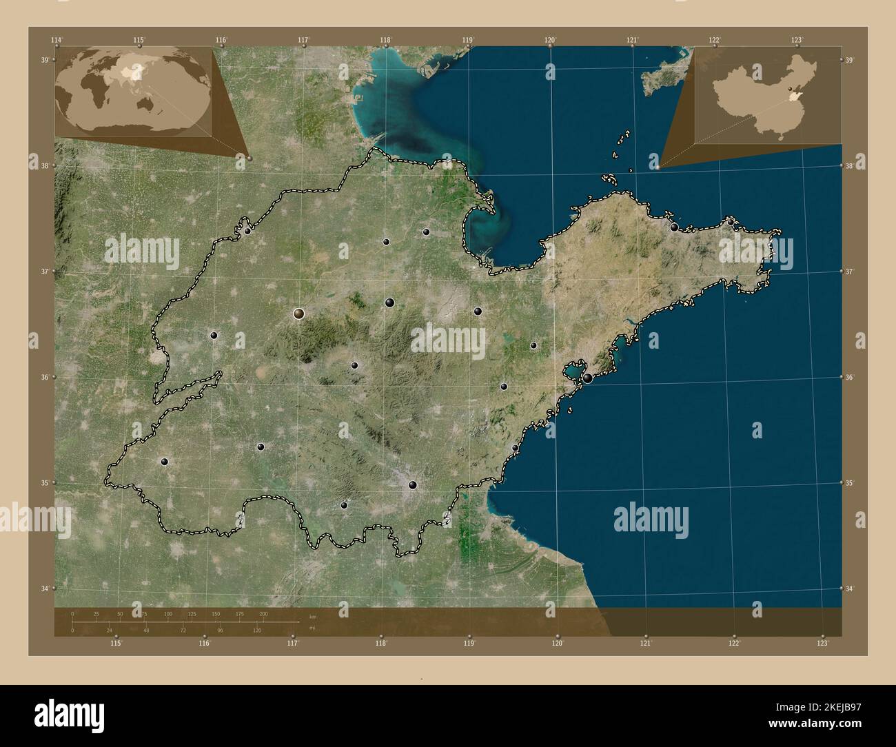 Shandong, province of China. Low resolution satellite map. Locations of ...