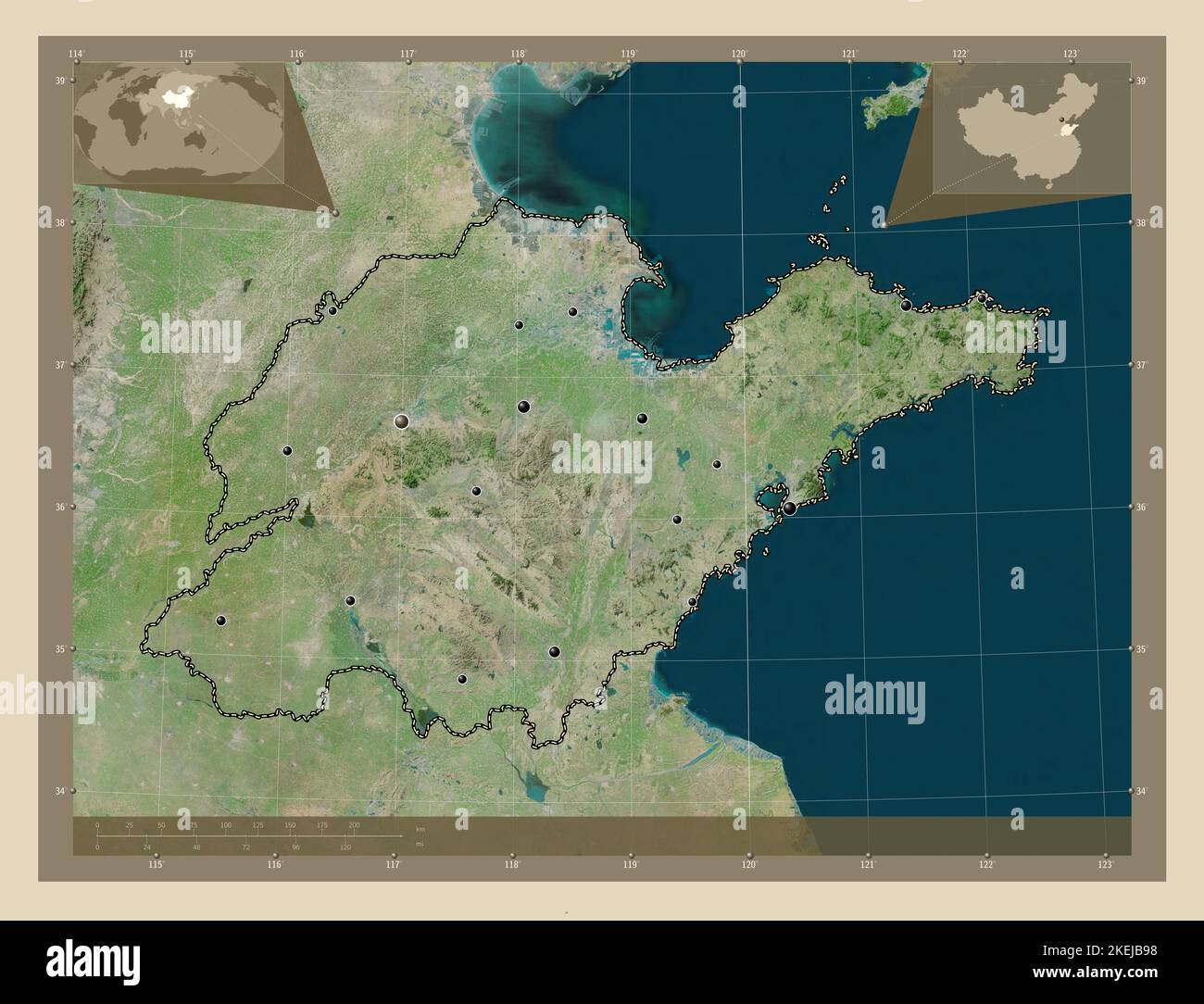 Shandong, province of China. High resolution satellite map. Locations ...