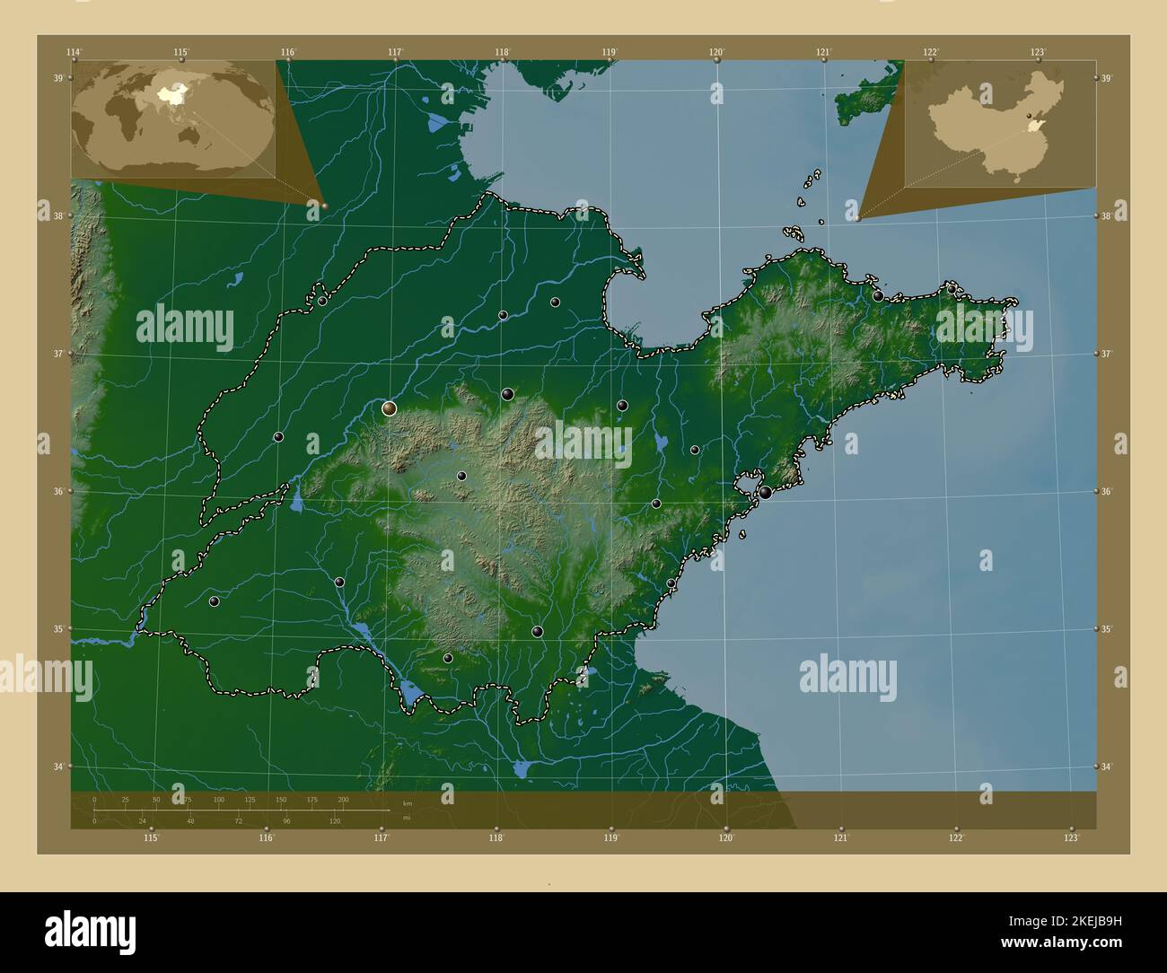 Shandong, province of China. Colored elevation map with lakes and ...
