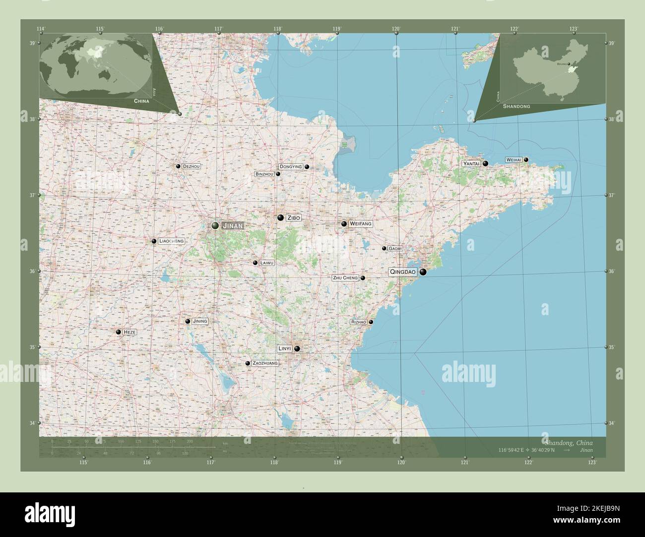 Shandong, province of China. Open Street Map. Locations and names of ...